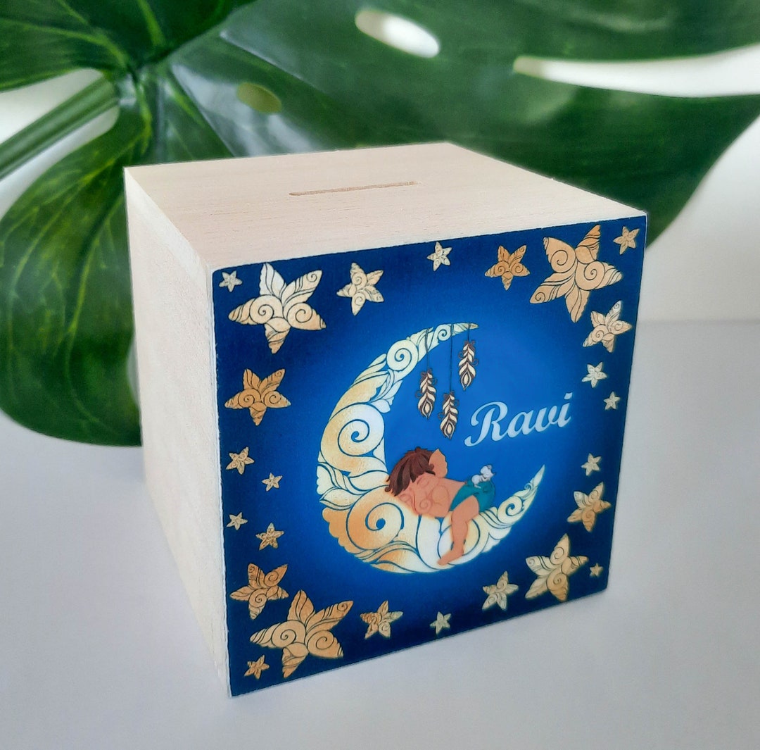 Spaarpot met naam Houten spaarpot baby Ganesh Jongen Blauw Hindoestaans ...