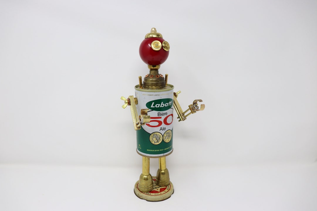 Robot Sculpture Cheers - Found Object Robot - Upcycled Labatt 50 Can ...