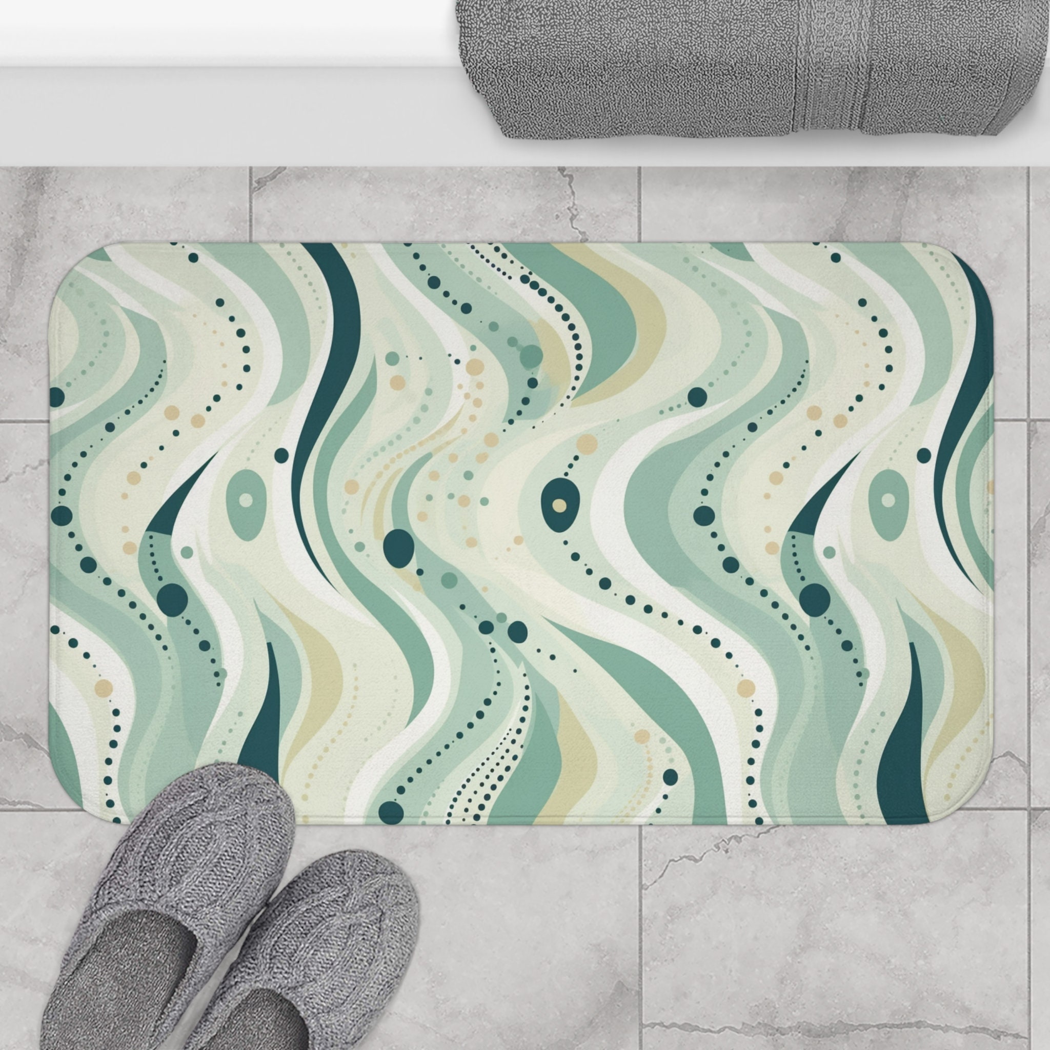 The Scandi Sway Bath Mat Retro Scandinavian Abstract Design in Green ...