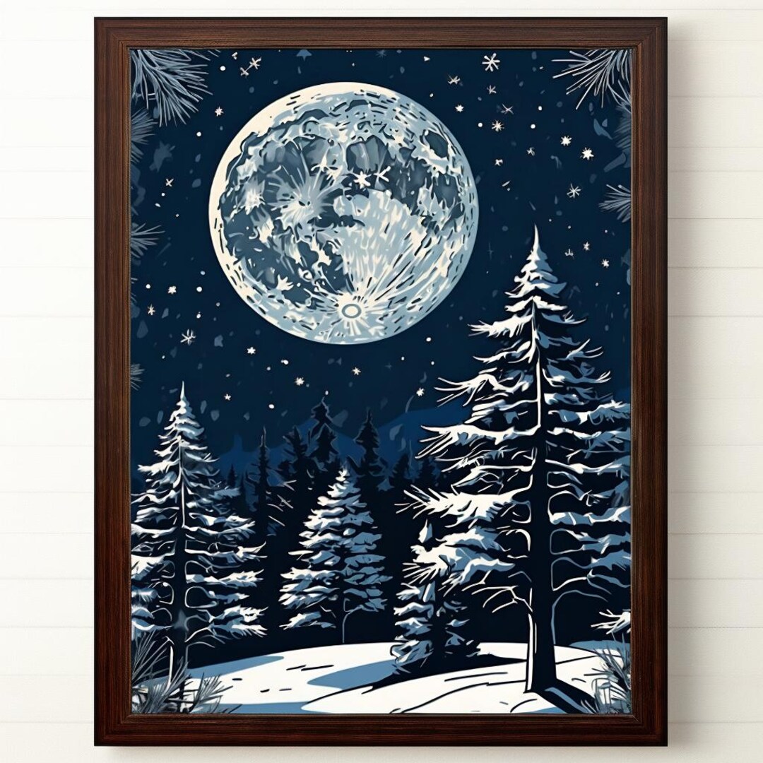 Vintage Winter Moon Art Print: Snowy Forest Gothic Holiday Decor - Etsy