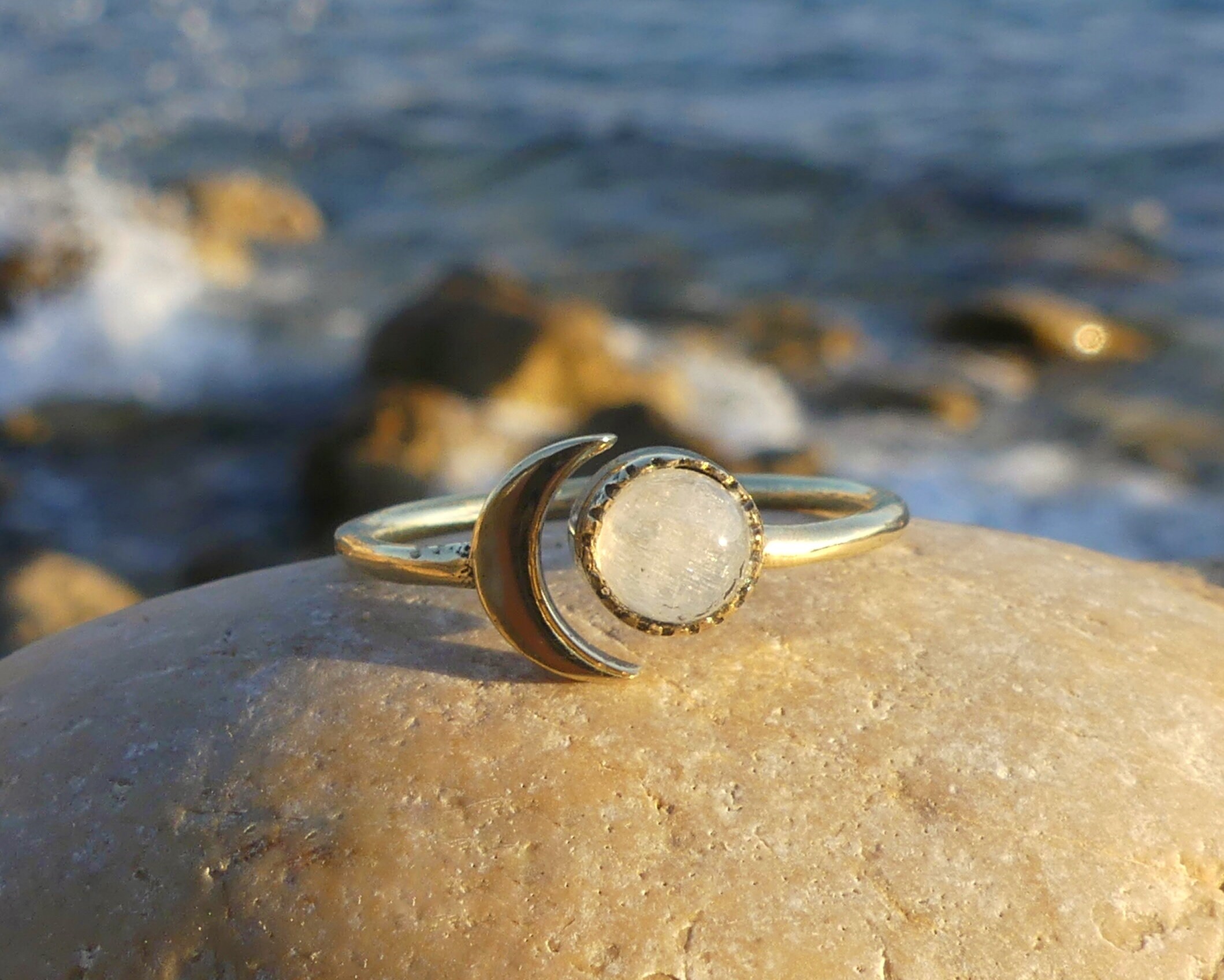 Adjustable moon ring brass ring with moon moon stone ring | Etsy