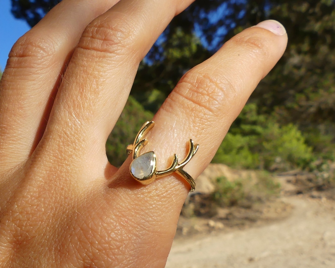 Deer Ring, Horns Ring, Brass Ring With Moon Gem, Deer Ring With Moon ...