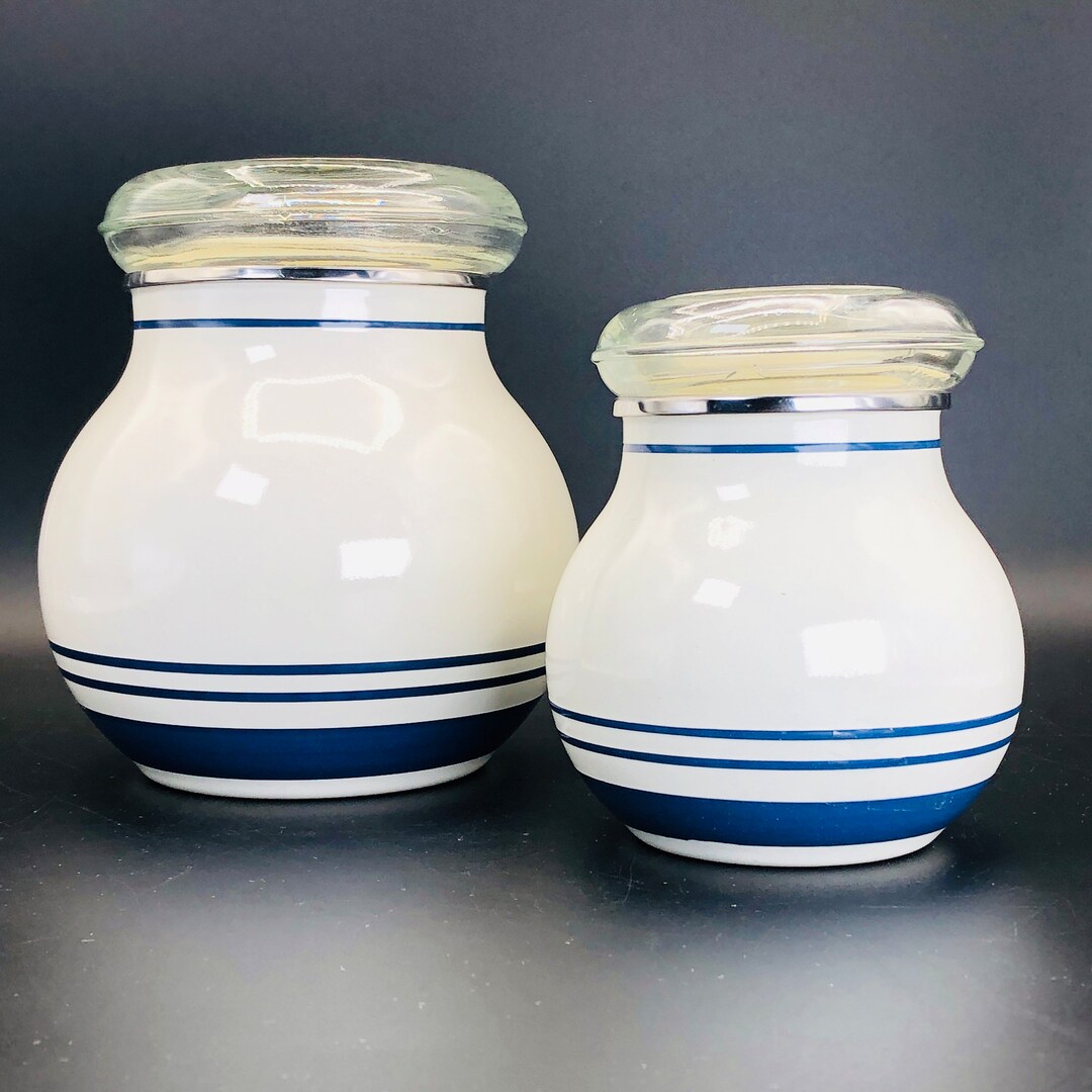 80s IKEA Enamel Jar CHOICE Small Medium, Off-white Enamel Blue Bands ...