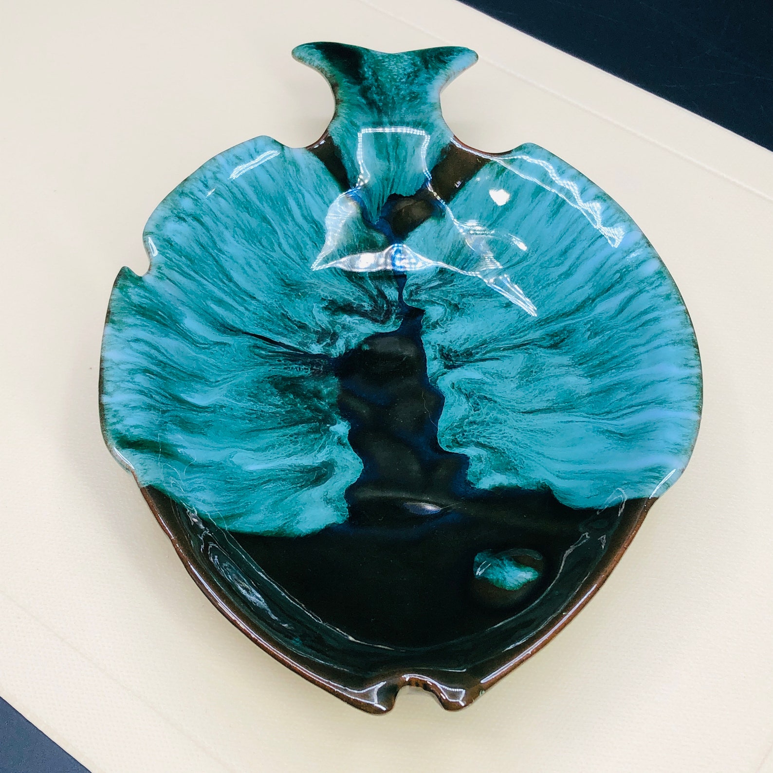 60s Blue Mountain Pottery Fish Trinket Dish, Red Clay Aqua Green Drip ...