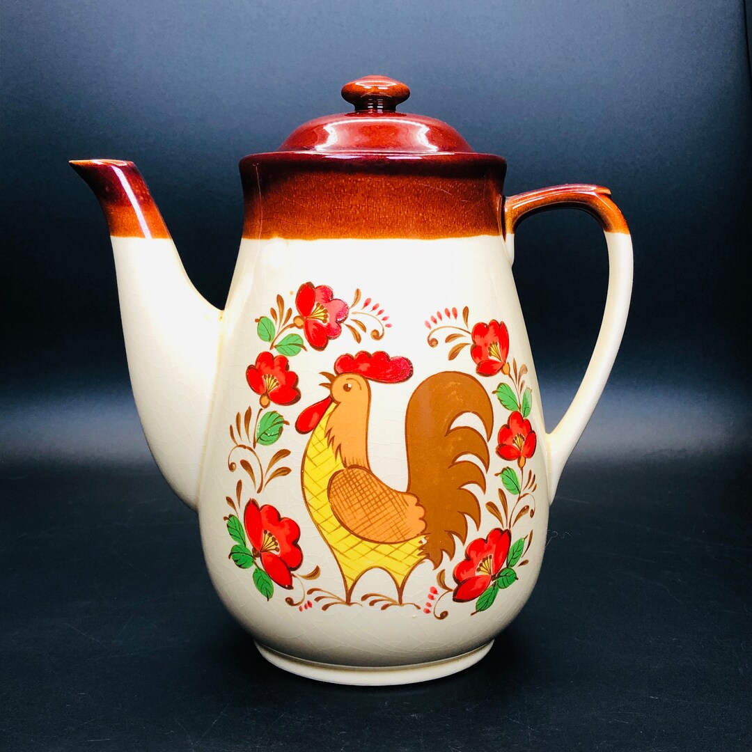 Rooster Coffee Pot, 70s Farmhouse Teapot, Vintage Ceramic Chocolate Pot ...
