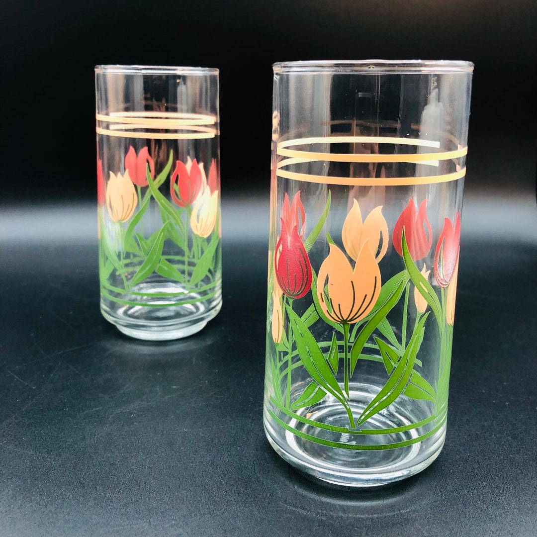 90s Spring Tulip Crisa Glass Tumbler PAIR, Grandmacore Drinking Cups ...