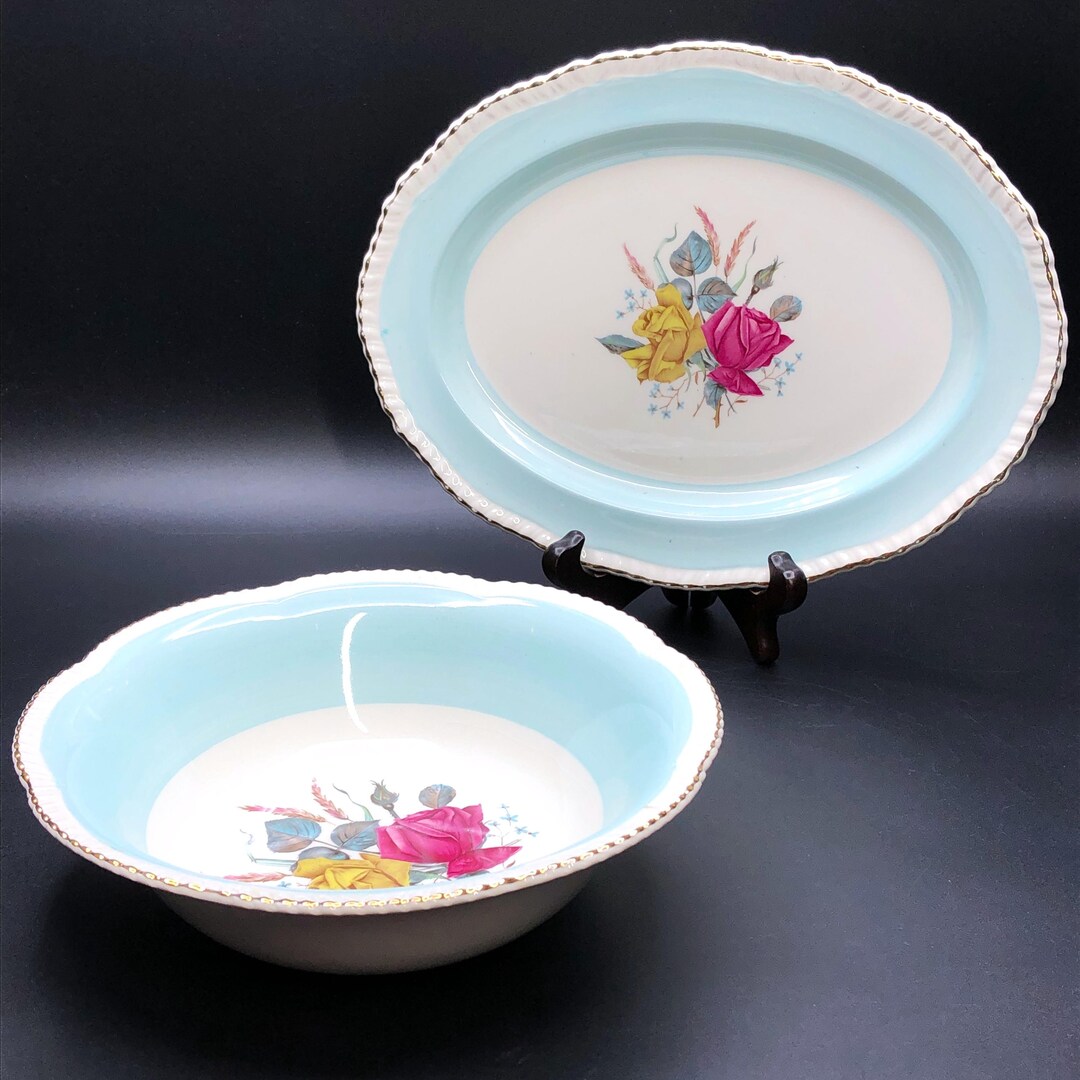 Vintage WOOD & SONS England Blue Band Gold Trim Floral Dinnerware ...