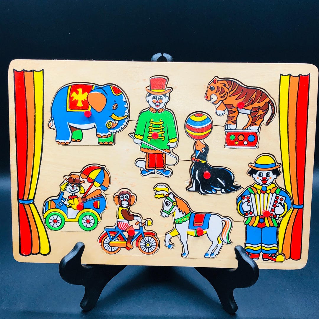 80s Circus Clown Show Wooden Puzzle COMPLETE, Animal Silhouette Shape ...