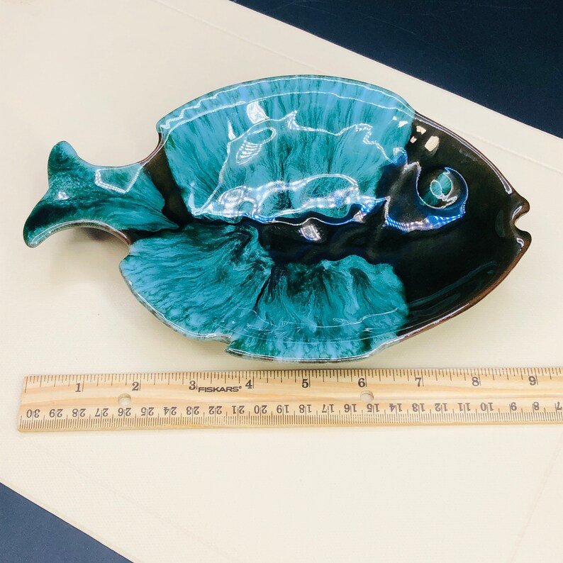60s Blue Mountain Pottery Fish Trinket Dish, Red Clay Aqua Green Drip ...