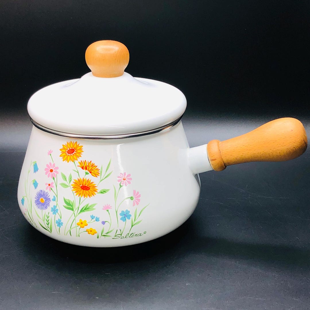 80s Saltera Pastel Wildflowers Enamel Fondue Pot and Lid, Wood Handle ...