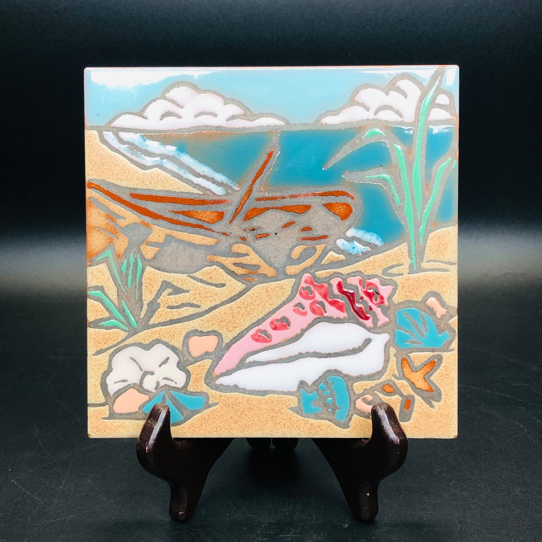 80s MAG MOR STUDIOS Coastal Seashore Enamel Ceramic Tile Trivet by ...