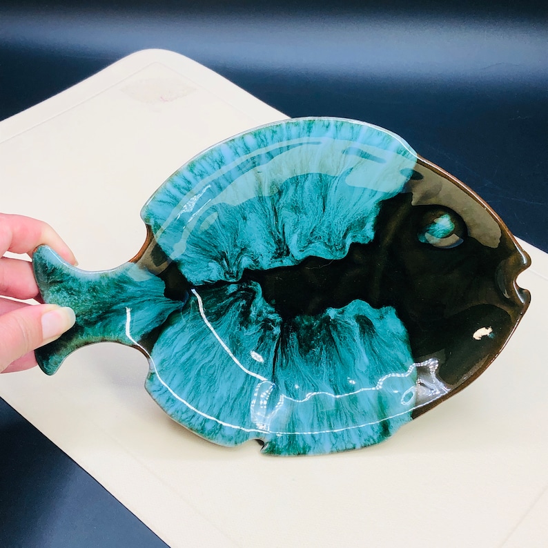 60s Blue Mountain Pottery Fish Trinket Dish, Red Clay Aqua Green Drip ...