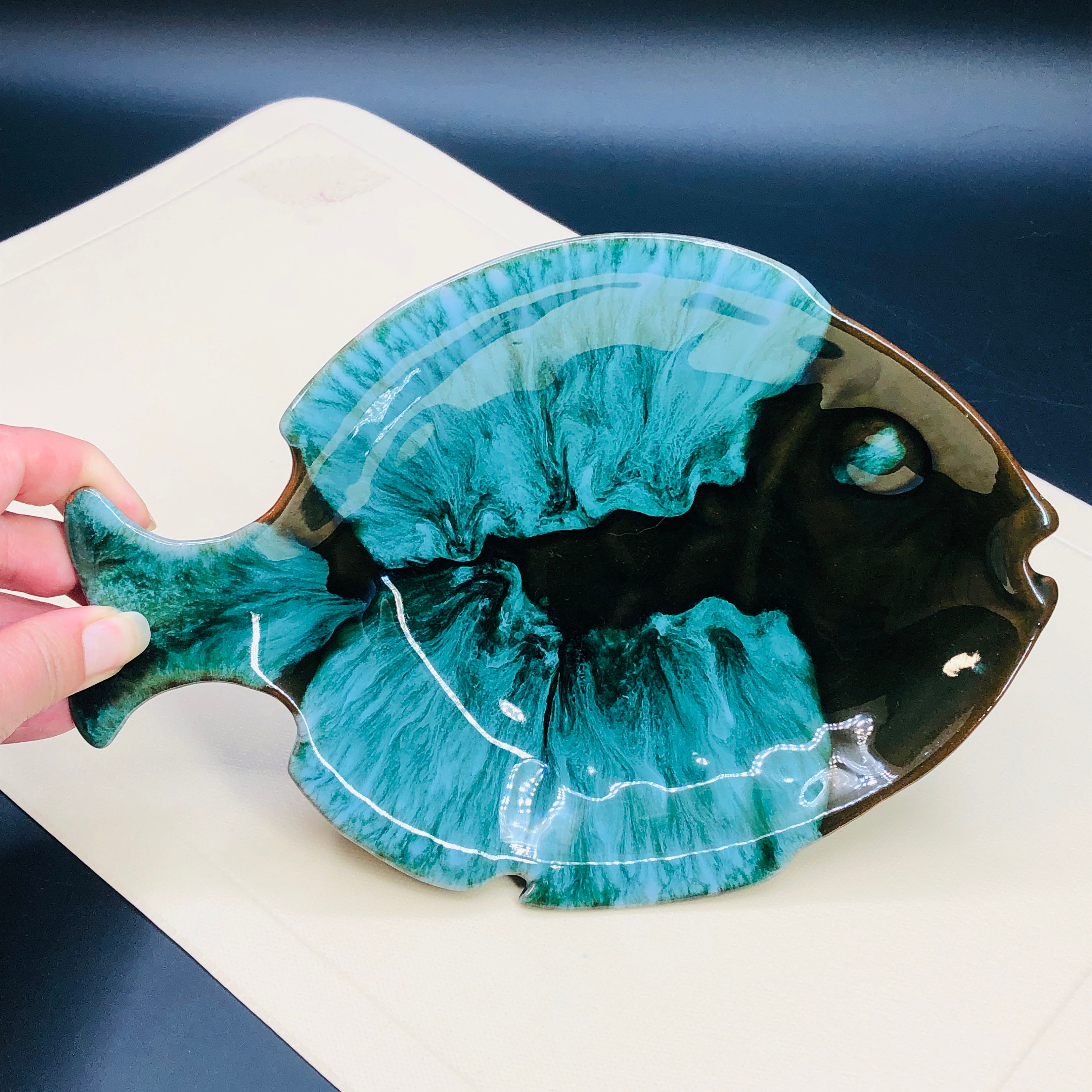 60s Blue Mountain Pottery Fish Trinket Dish, Red Clay Aqua Green Drip ...