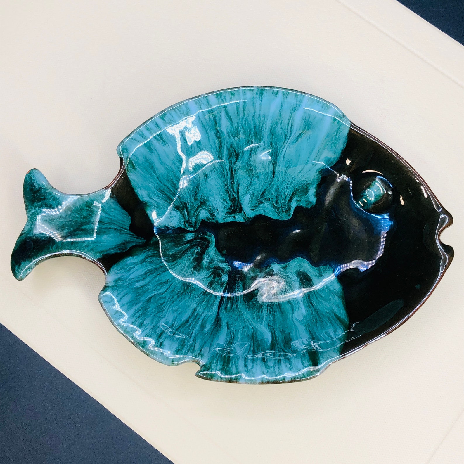 60s Blue Mountain Pottery Fish Trinket Dish, Red Clay Aqua Green Drip ...