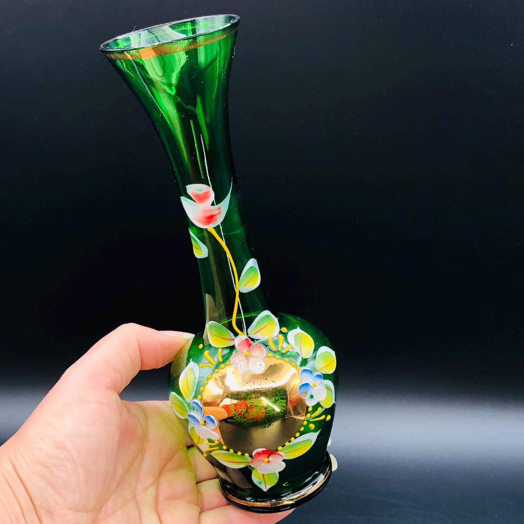 Vintage 60s Emerald Green BOHEMIA Glass Bud Vase: Hand Decorated Relief ...