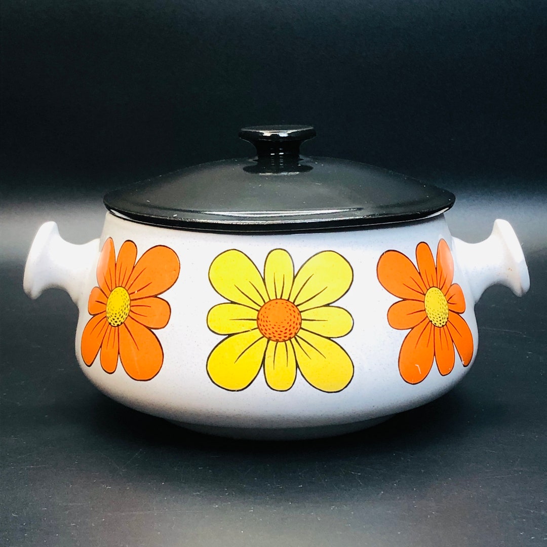 Flower Power Ironstone Lidded Casserole, Groovy Yellow Orange Floral Oven Proof Cookware, Knob ...