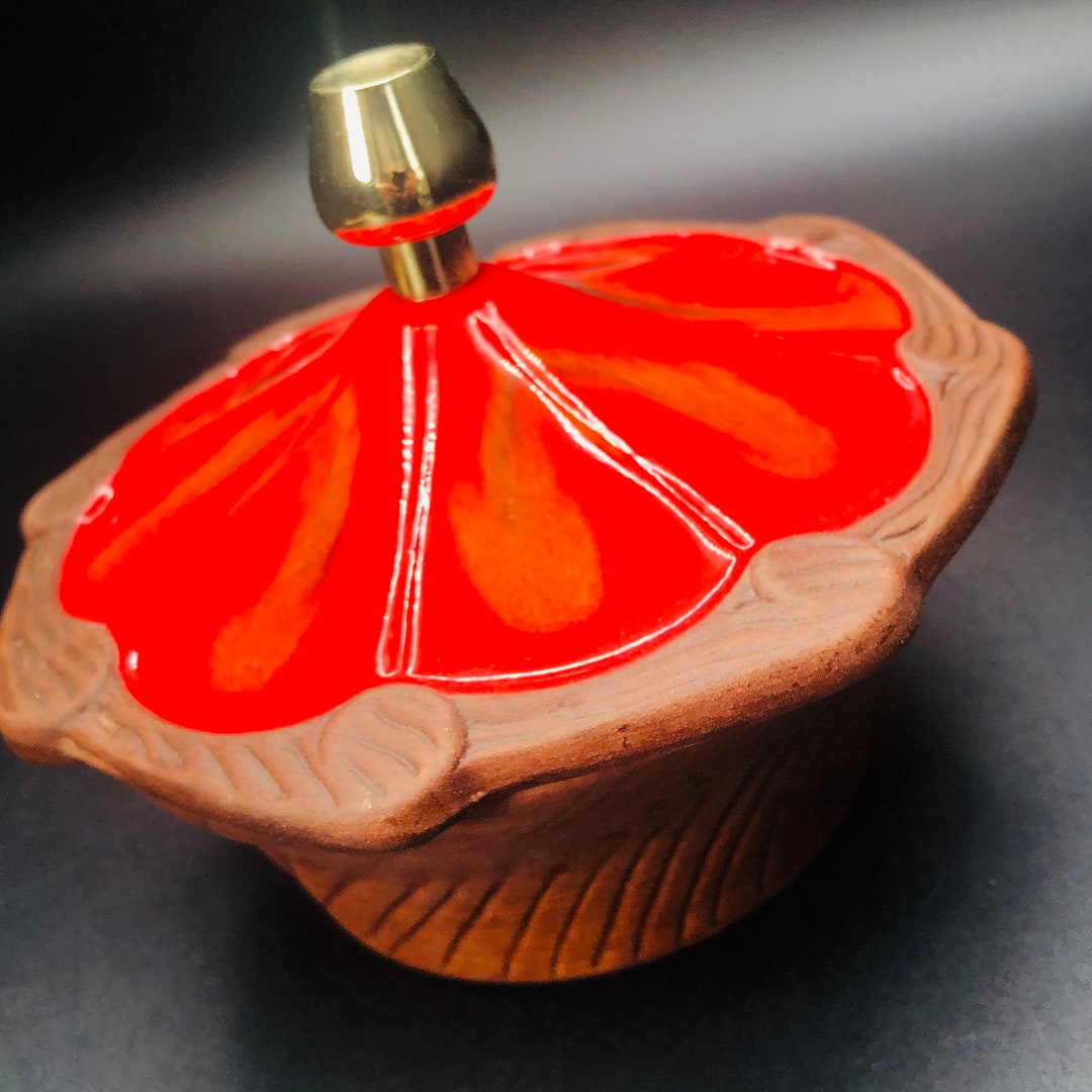 Mid Century Faux Bark Ceramic Candy Bowl With Lid, Circus Tent Red ...