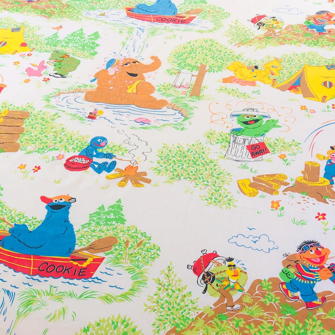 80s Sesame Street Muppets Camping TWIN Bed FLAT Top Sheet, Vintage TV ...