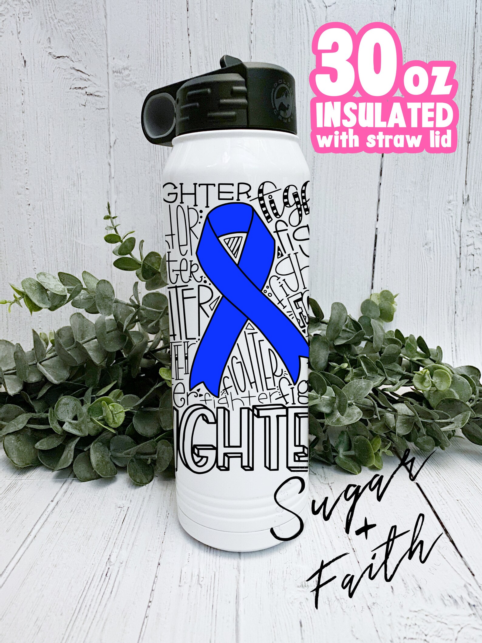 Colon Cancer Water Bottle Cancer Fighter Blue Ribbon - Etsy