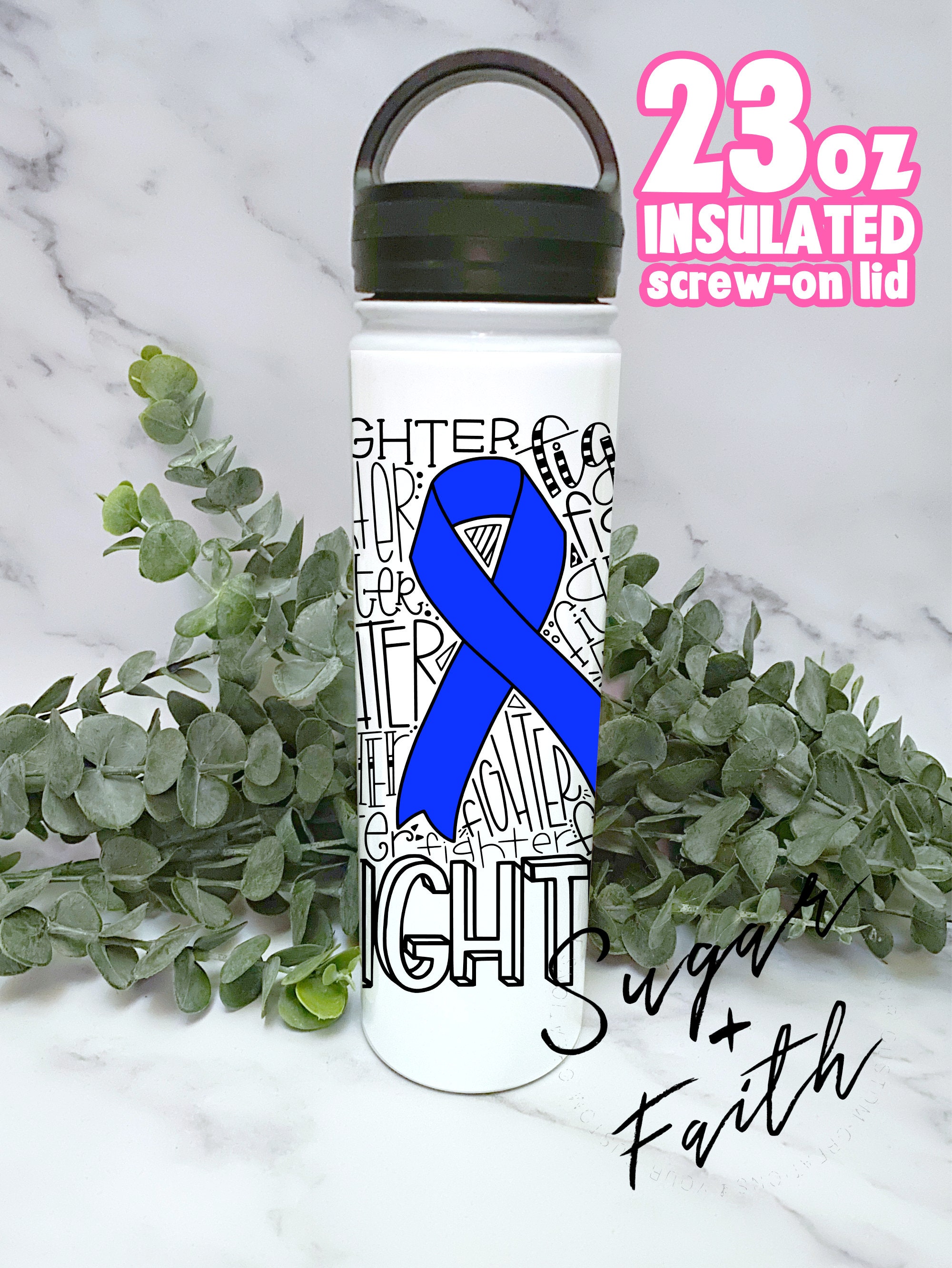 Colon Cancer Water Bottle Cancer Fighter Blue Ribbon - Etsy