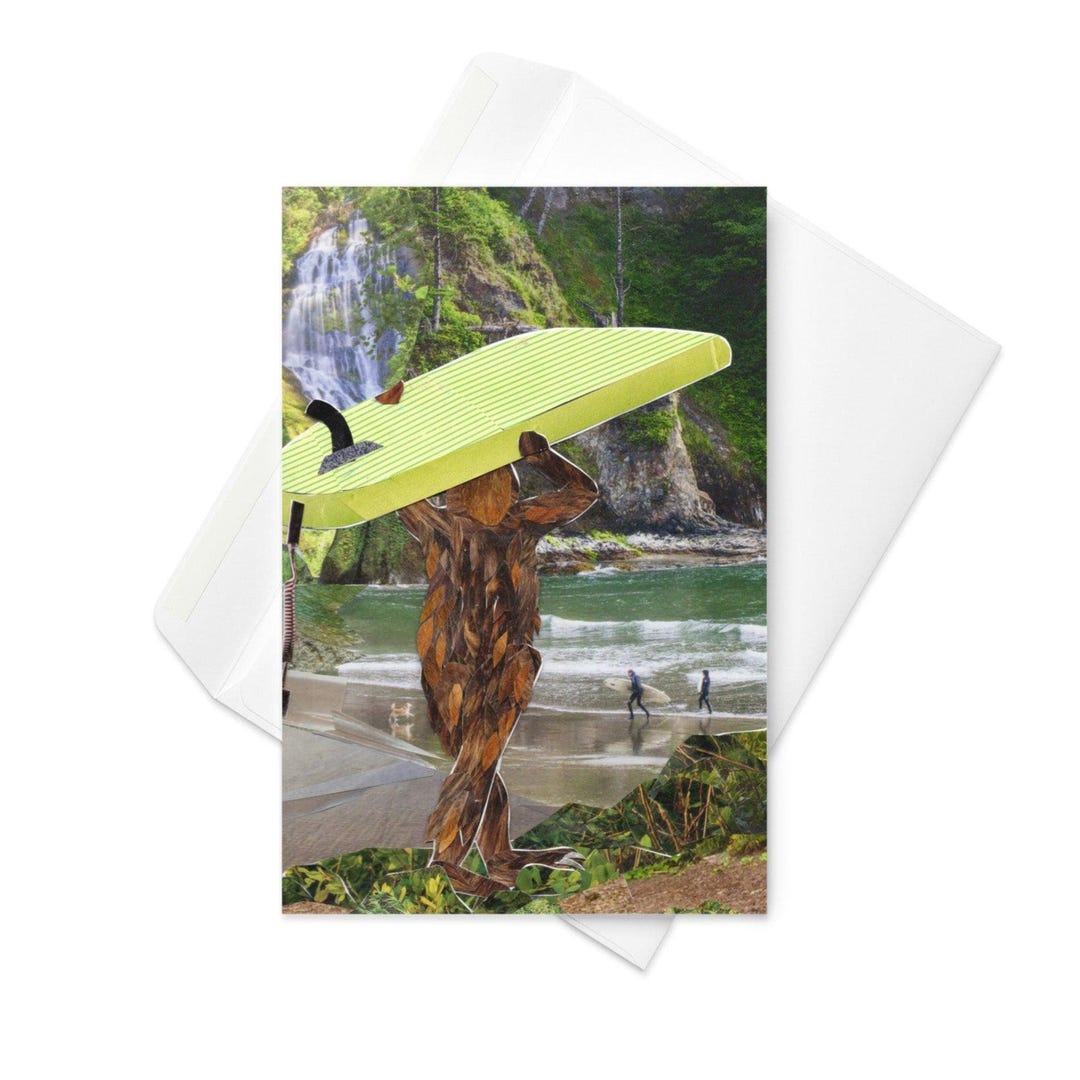 Surfing Sasquatch – Funny Bigfoot Card, Handmade Collage Greeting, Eco ...