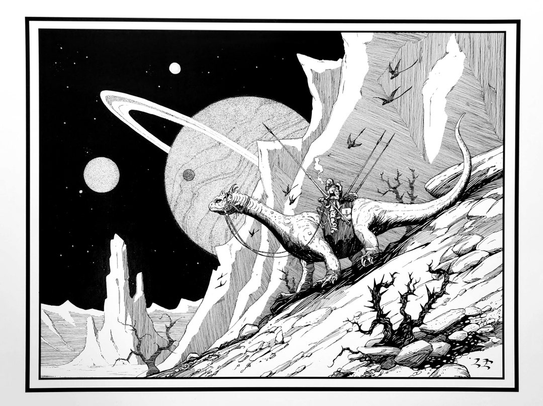 Scifi Fantasy Art Print 'lizard Moon' , Ink Drawing - Etsy