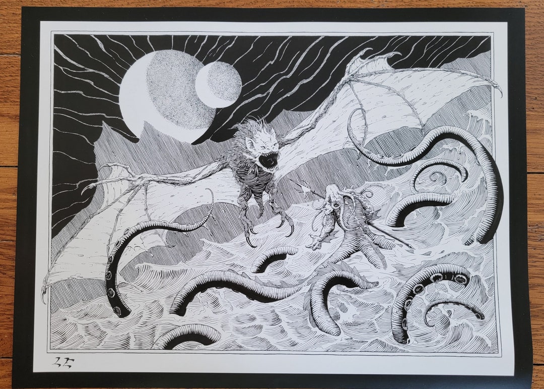 Fantasy Art Print 'ancient Enemies' , Ink Drawing - Etsy