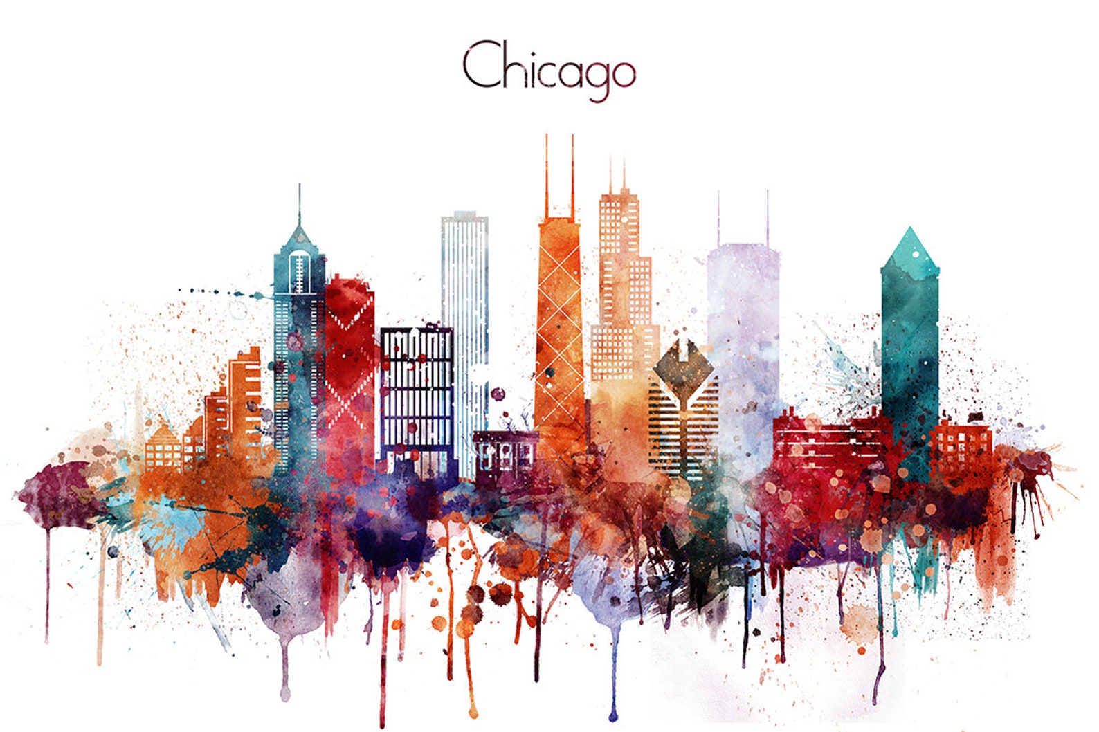 Chicago Watercolor Print Decor, Downloadable Watercolor City Art ...