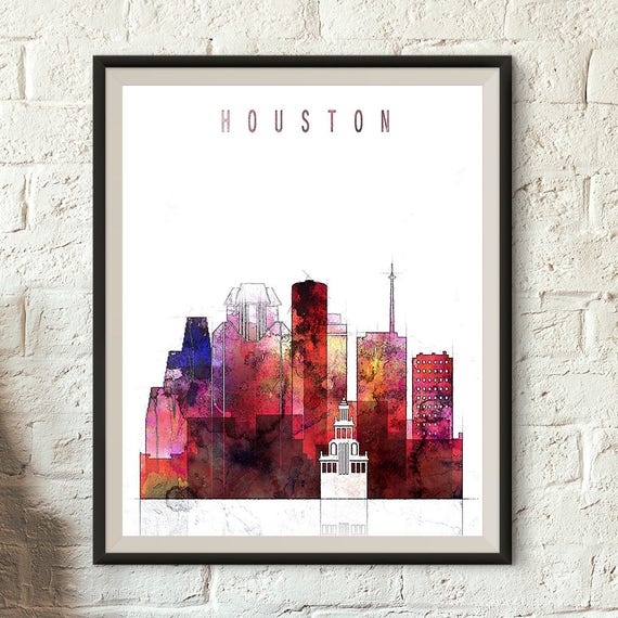 Houston Print Digital Skyline Poster Watercolor&pencil Texas | Etsy