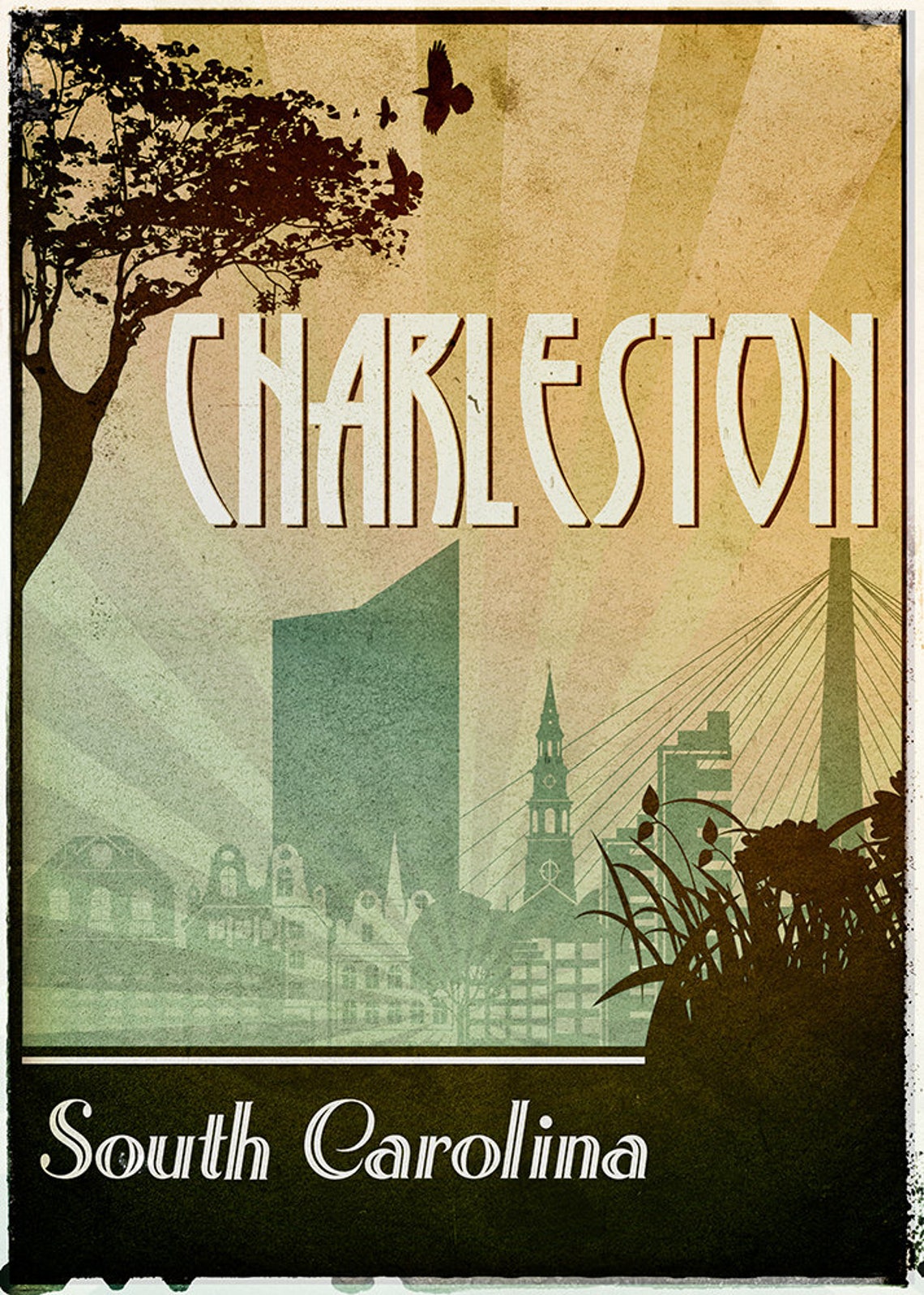 Charleston Vintage Poster Print Design City Retro Watercolor - Etsy