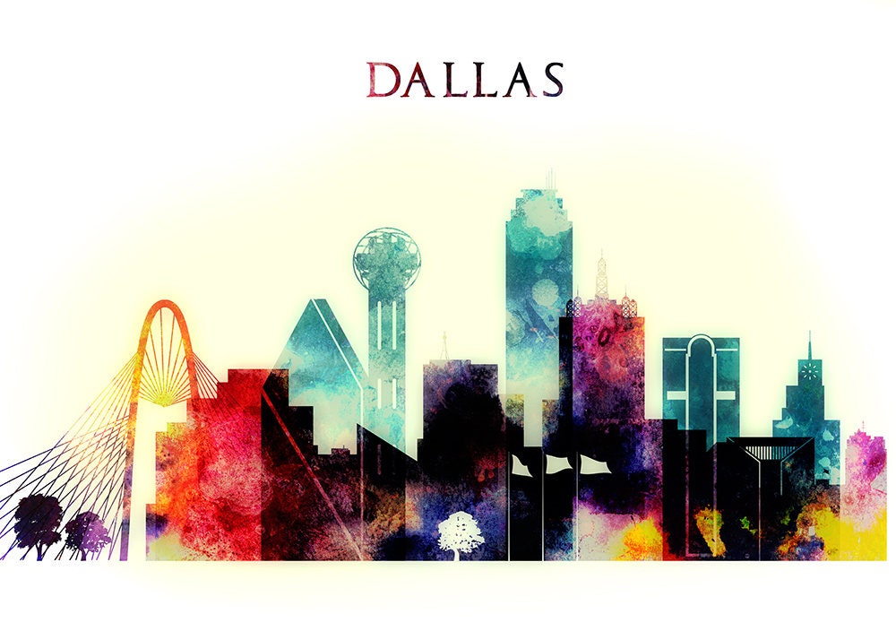 Dallas Skyline Texas Digital Poster Watercolor Dallas | Etsy