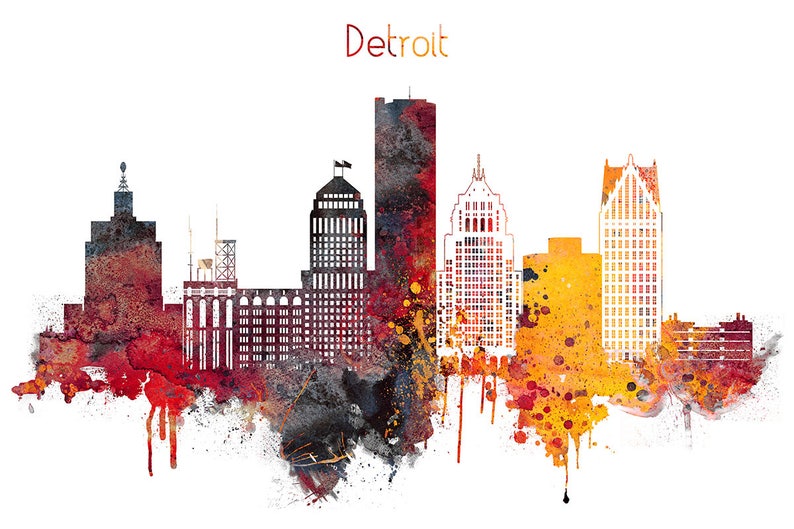 Detroit Watercolor Decor, Detroit Cityscape, Downloadable Wall Art ...