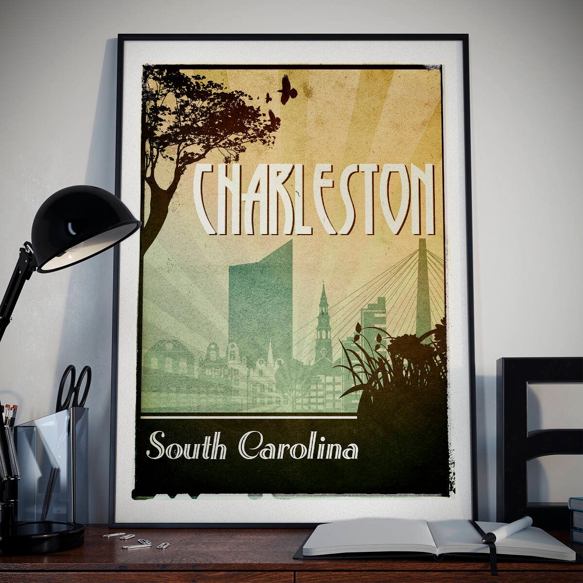 Charleston Vintage Poster Print Design City Retro Watercolor Digital ...