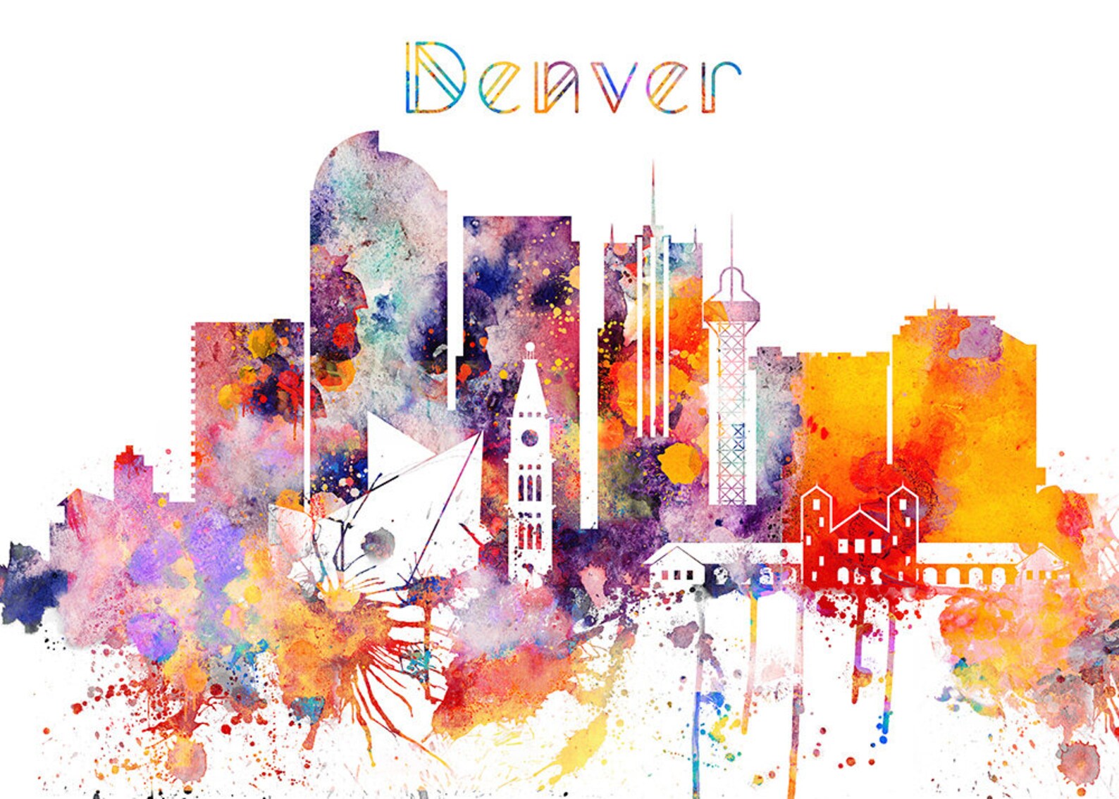 Denver Skyline Denver Digital Poster Watercolor Colorado - Etsy
