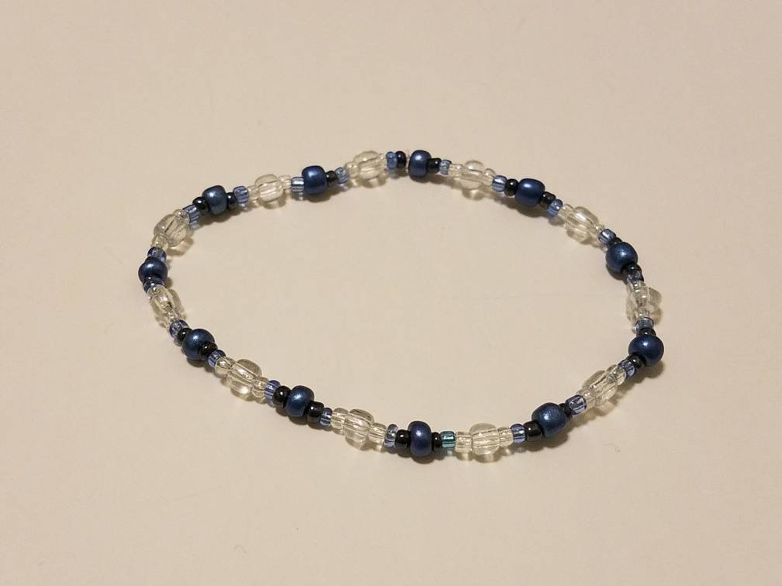 Dark Blue and White Beaded Stretch Bracelet Set of 2 Dark Blue and ...