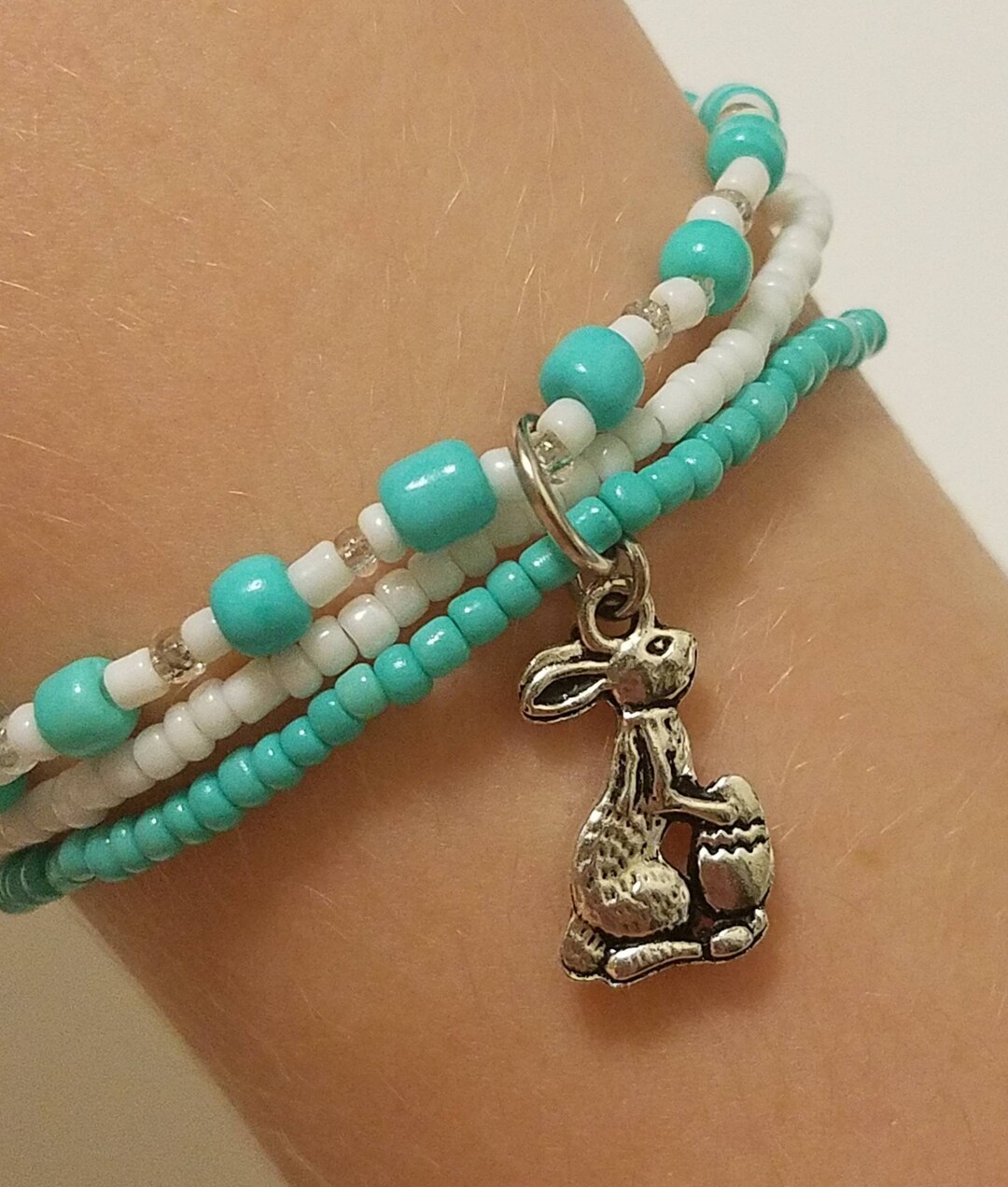Turquoise and White Bracelet With Easter Bunny Charm Turquoise and ...
