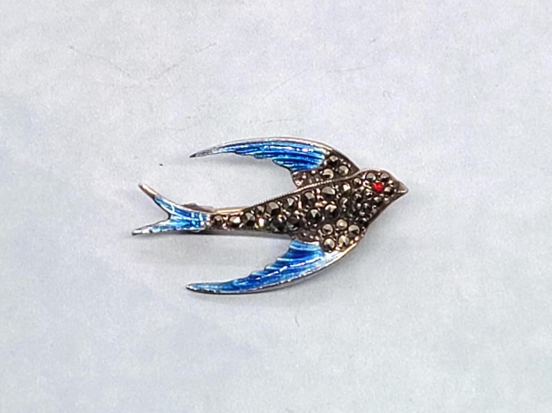 Antique Bluebird Brooch Marcasite Enamel Sterling Silver Pin NOT A ...