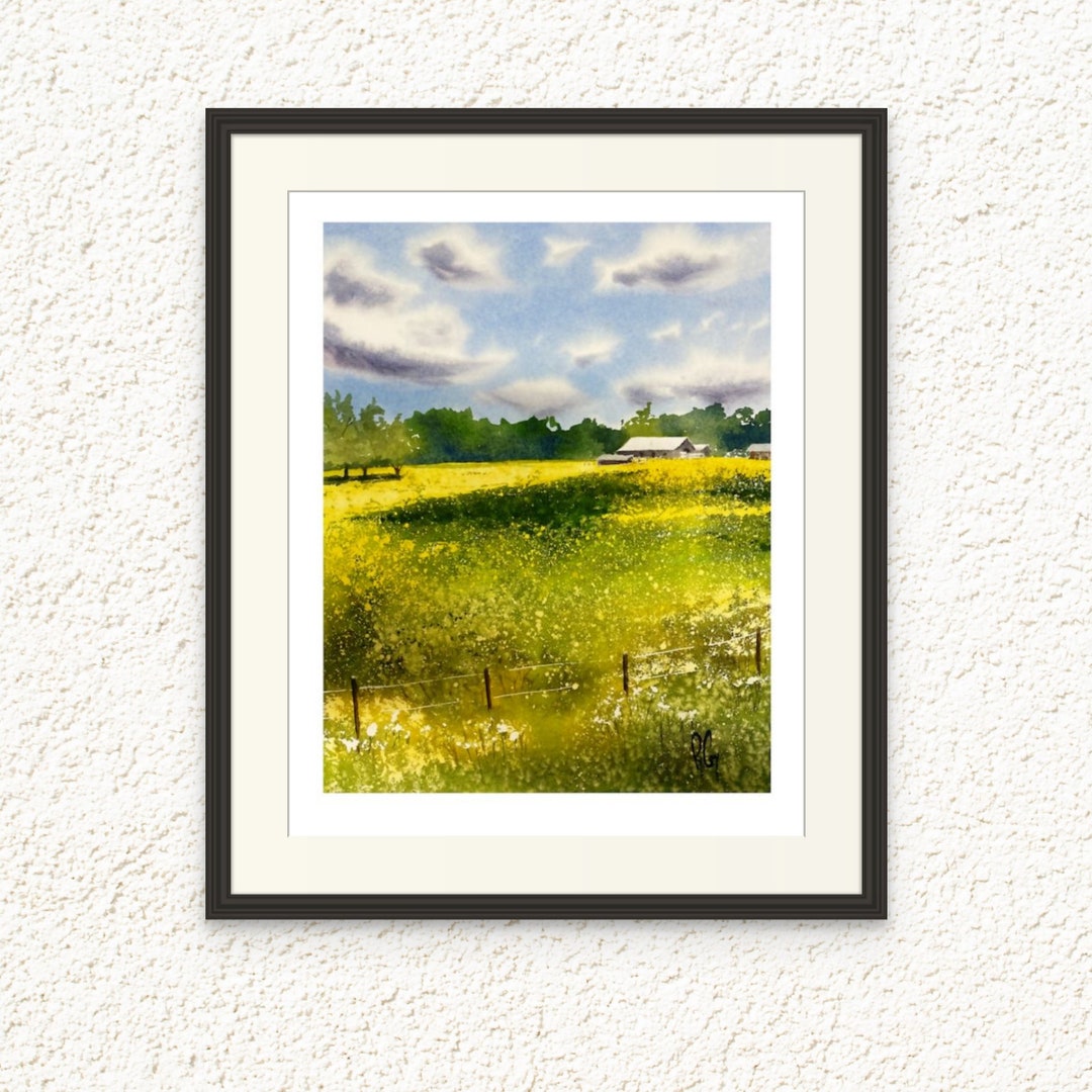 Yellow Field of Flowers Watercolor Print and Original Farm Painting ...