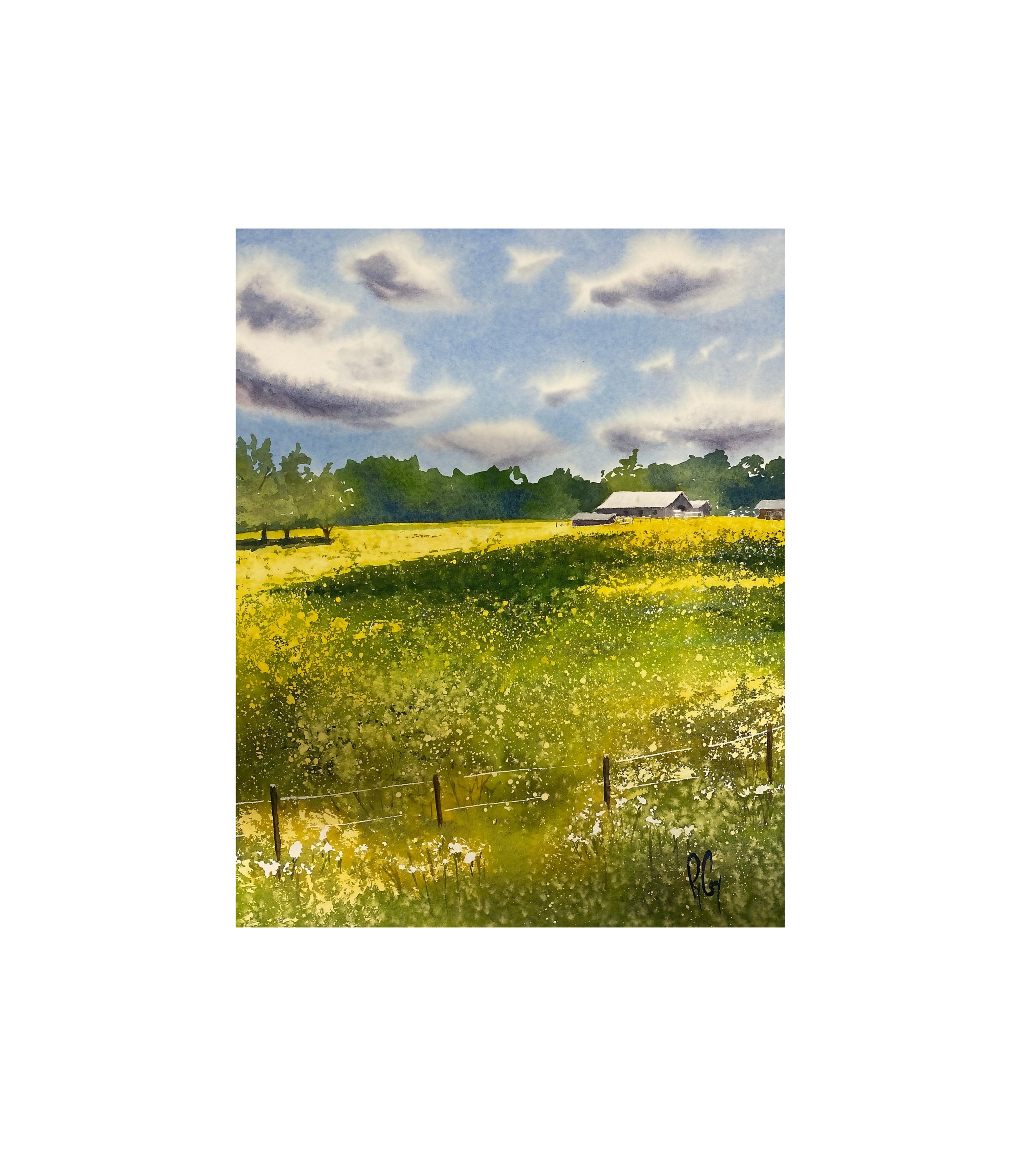 Yellow Field of Flowers Watercolor Print and Original Farm Painting ...