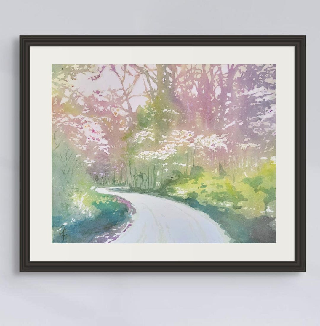 Spring Forest Path Watercolor Painting | Spring Flowering Trees Wall ...