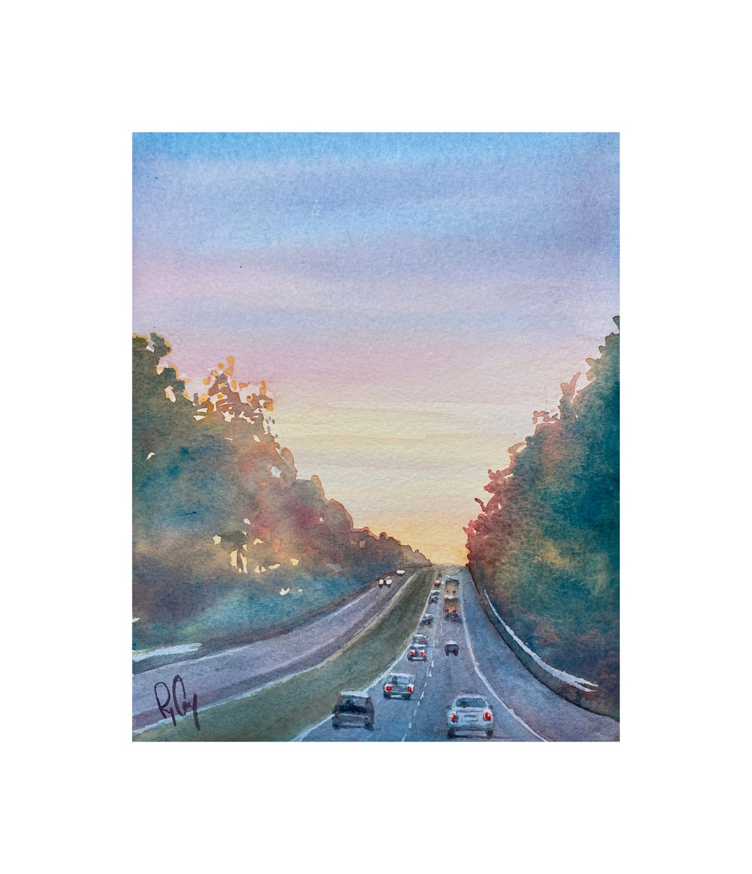Road Sunset Painting Watercolor Car Highway Wall Art - Etsy