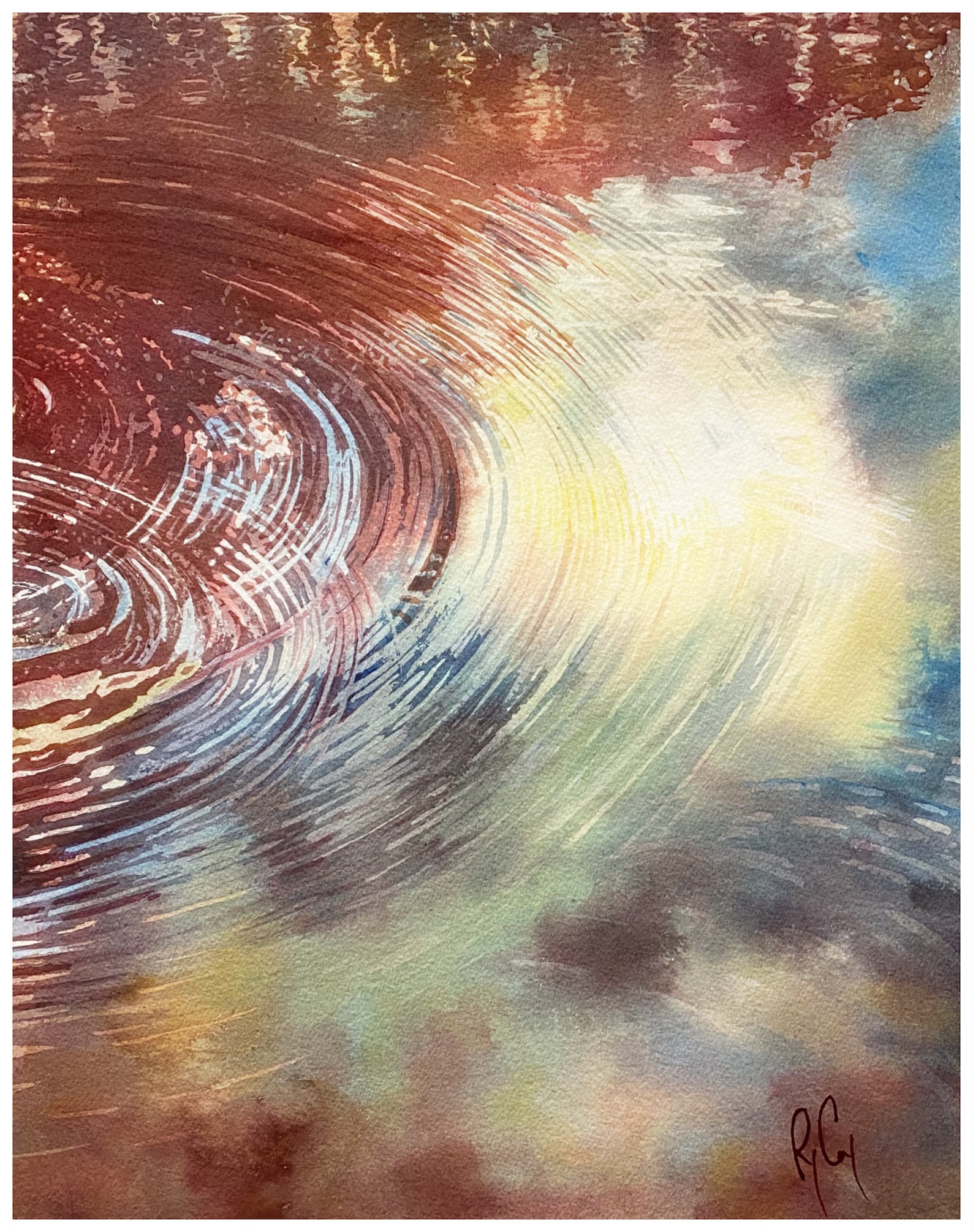 Water Ripple Painting, Rippling Water Wall Art. Red Abstract Watercolor ...