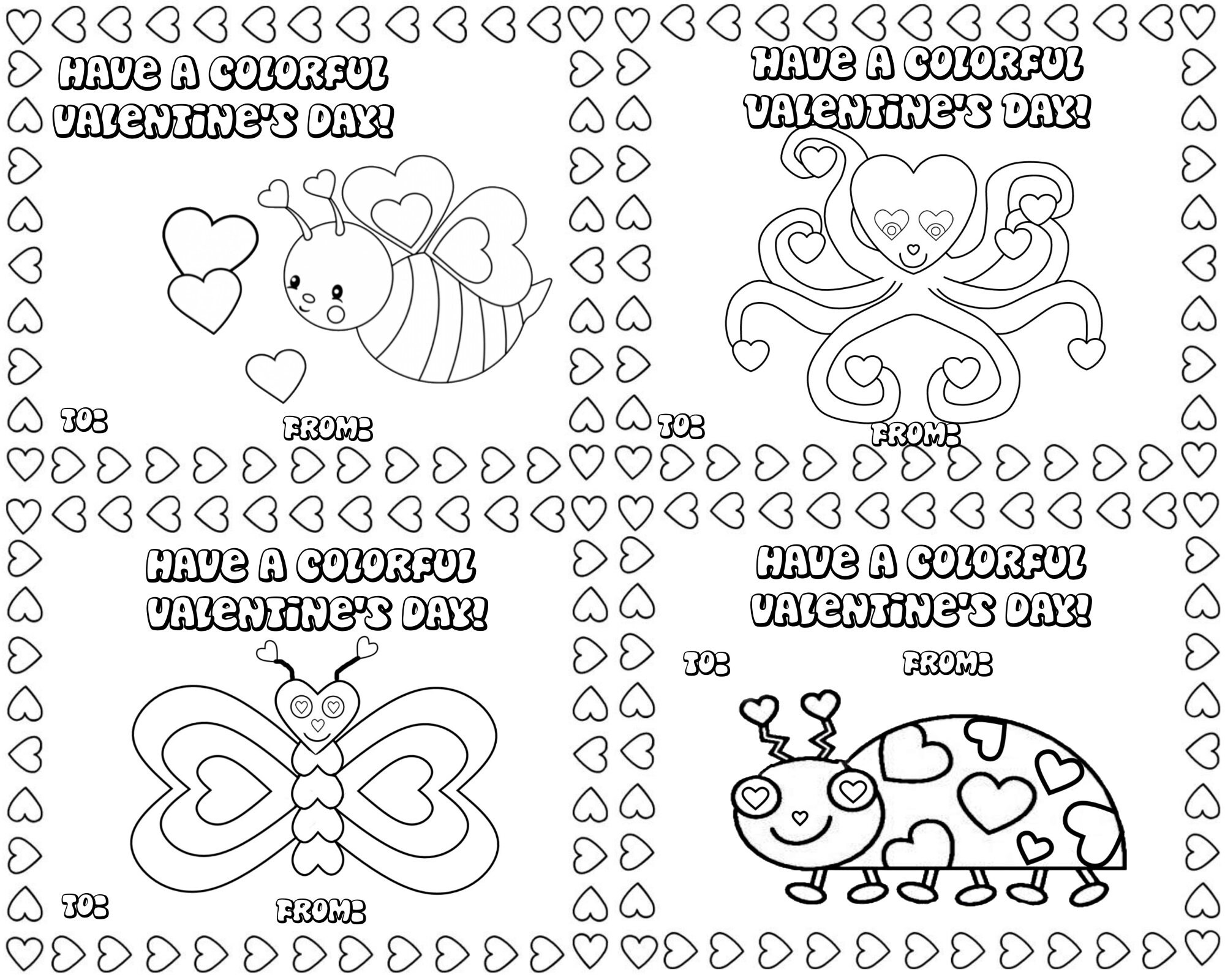 Coloring Valentine's Day Cards Kids Valentine Cards | Etsy
