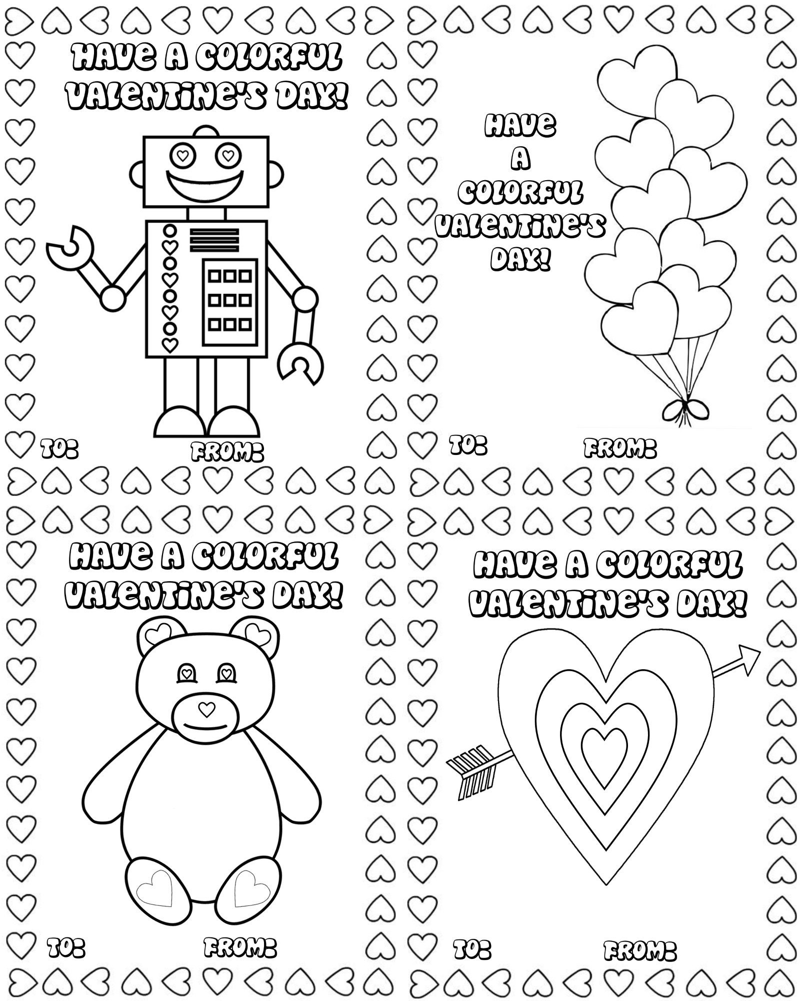 Coloring Valentine's Day Cards Kids Valentine Cards | Etsy