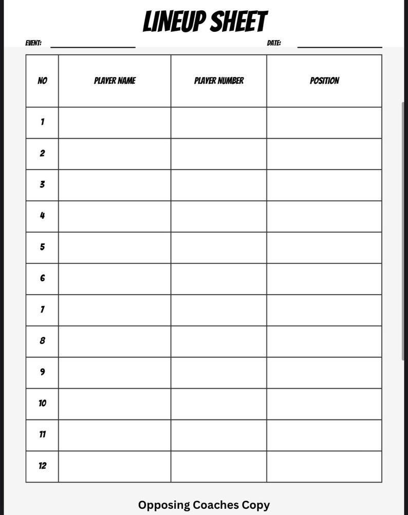 Digital Baseball & Softball Lineup Card Printable - Instant Download ...