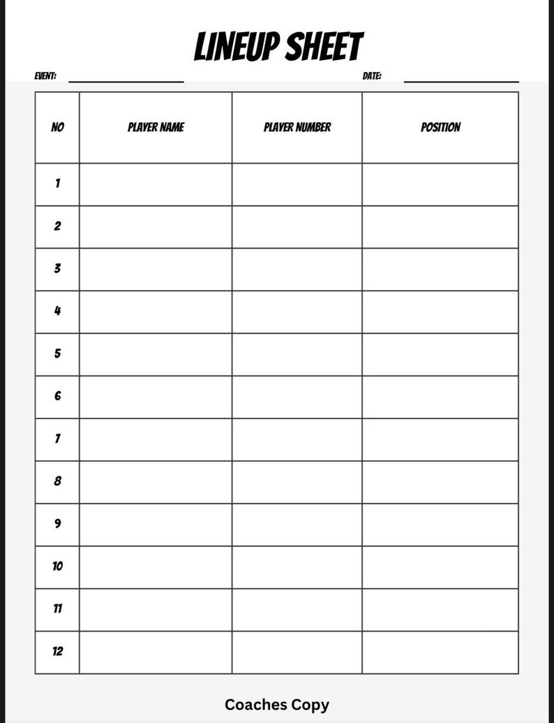 Digital Baseball & Softball Lineup Card Printable - Instant Download ...