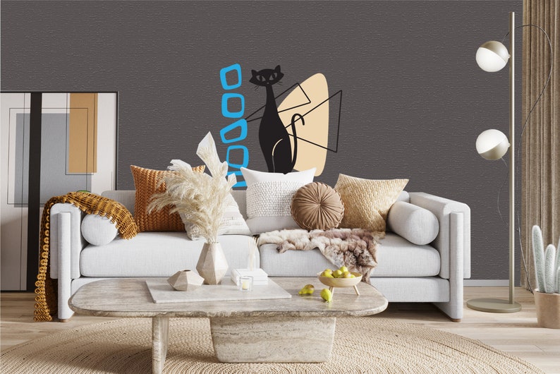 Retro Cat Wall Decal: Mid-century Modern Style, Customizable Colors - Etsy