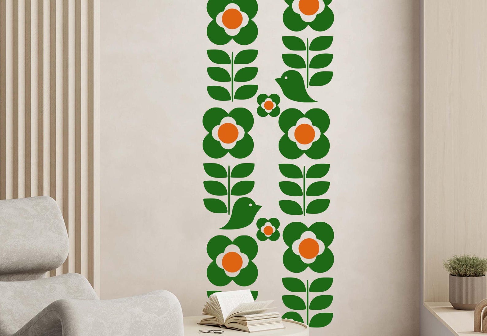 Retro Bird Floral Wall Decals: Mid-century Modern Geometric Pattern - Etsy