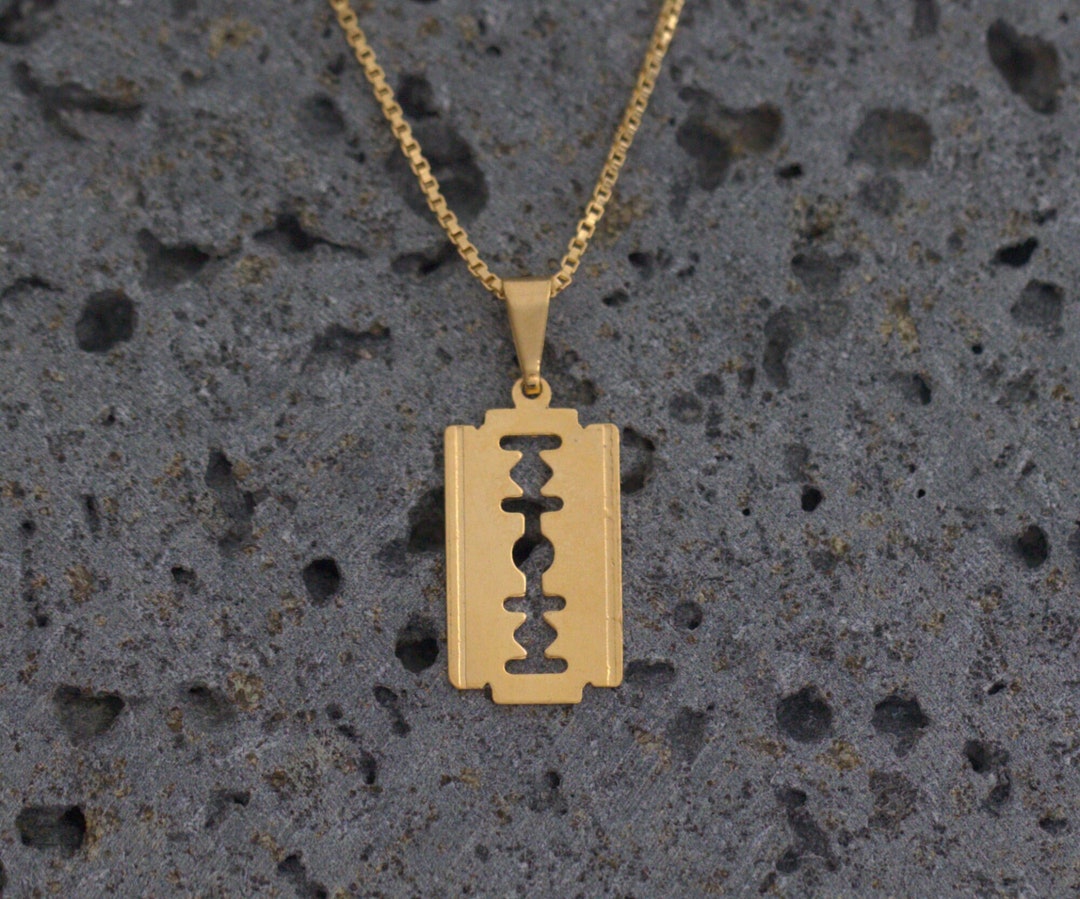 18K Gold Filled Razor Blade Rectangle Pendant Necklace Unique Cut Out ...