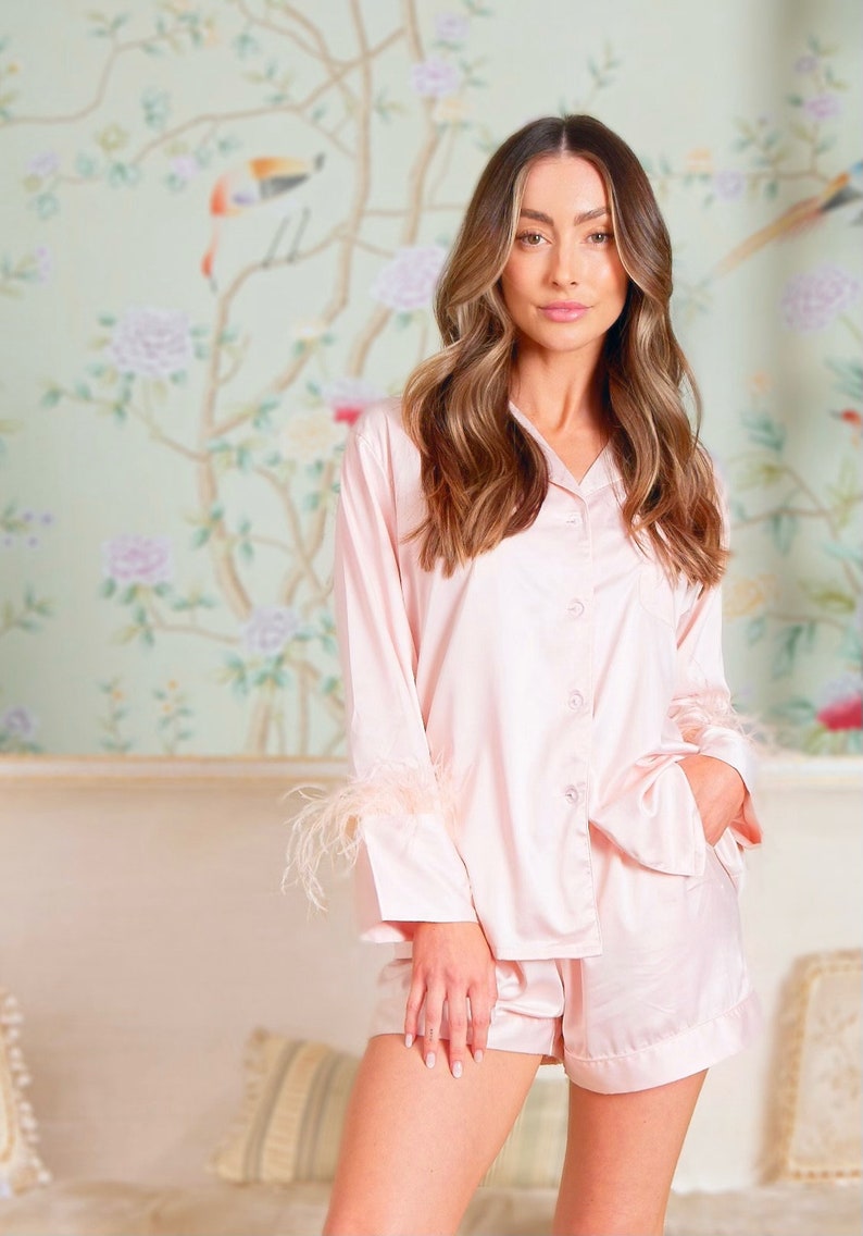 FEATHER CUFF Trimmed Pajamas | Satin BRIDESMAID Gift | Silk Satin ...